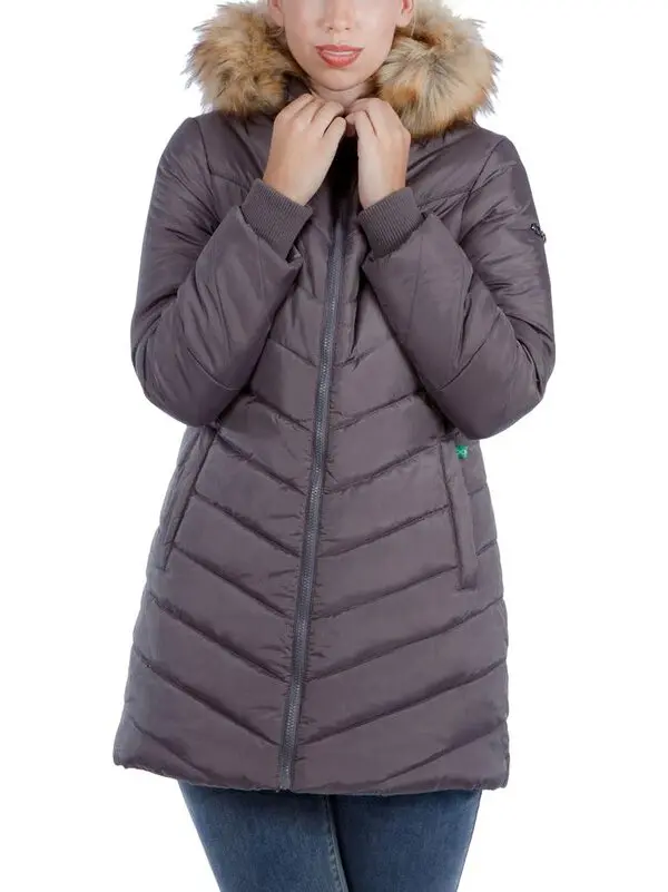 MODERN ETERNITY Faux Fur Trim Convertible Puffer 3-in-1 Maternity Jacket - Dark Grey