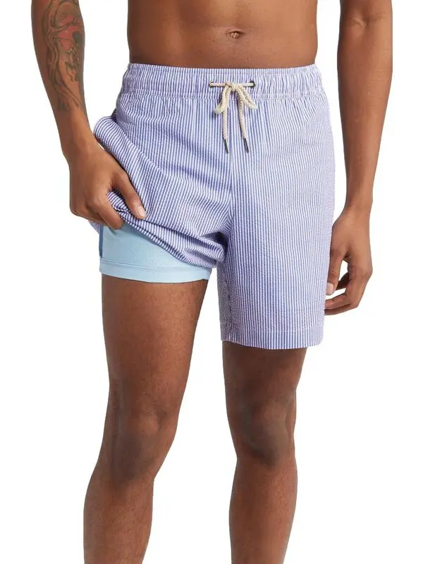FAIR HARBOR The Bayberry Swim Trunks - Light Blue Seersucker