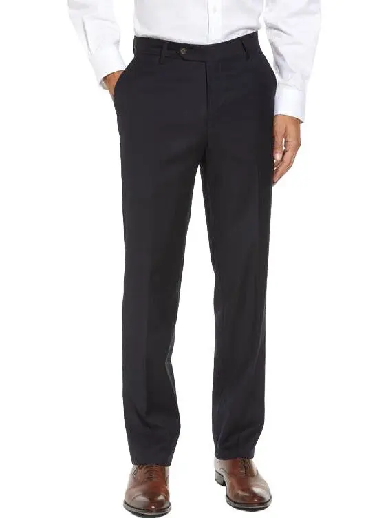 Berle Flat Front Modern Fit Gabardine Stretch Wool Trousers - Navy