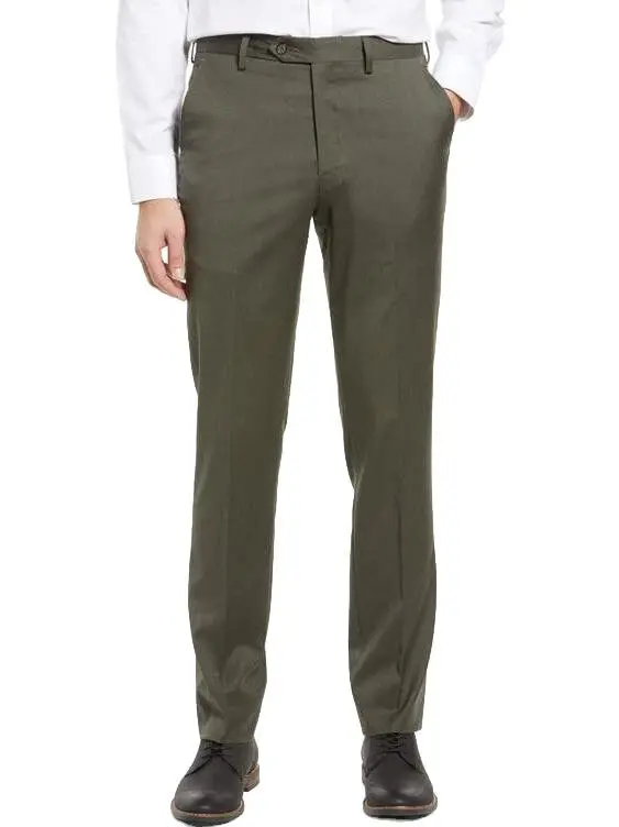 Berle Flat Front Modern Fit Gabardine Stretch Wool Trousers - Olive