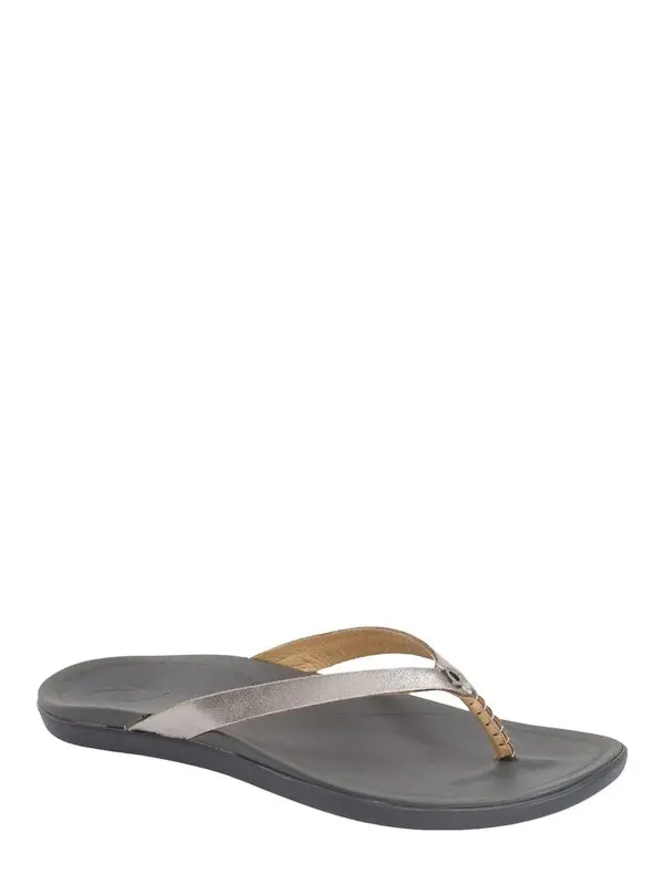 Olukai Ho Opio Leather Flip Flop - Metallic Silver Leather