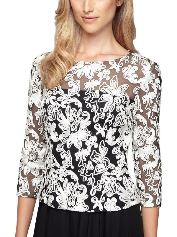 Alex Evenings Soutache Tulle Blouse - Black/white