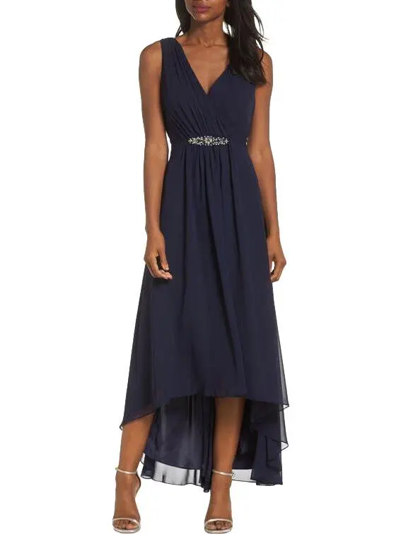 Eliza J Embellished High/low Chiffon Gown - Navy