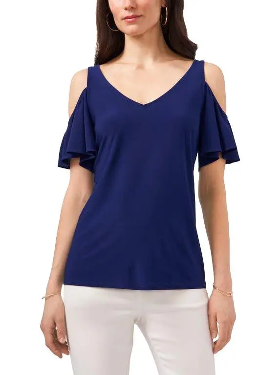 Chaus Ruffle Cold Shoulder Top - Navy Blue