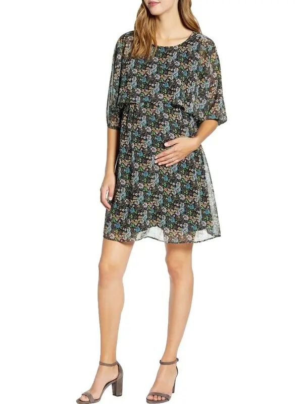 MATERNAL AMERICA Ruffle Overlay Maternity/nursing Dress - Tea Garden