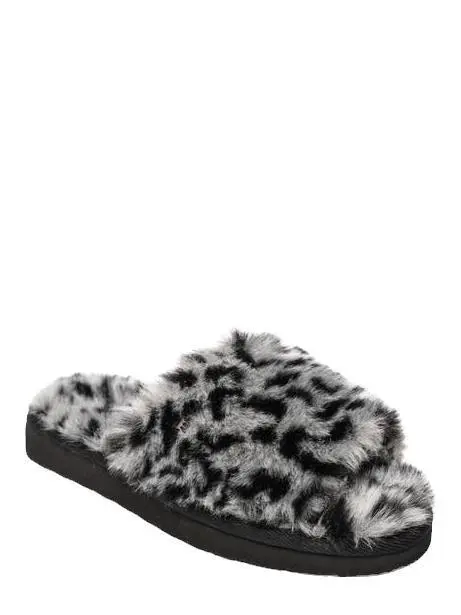 Minnetonka Faux Fur Slide Slipper - Grey Leopard Print