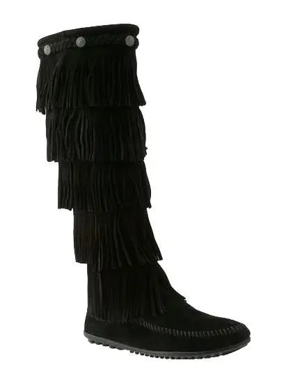 Minnetonka Five Layer Fringe Boots - Black