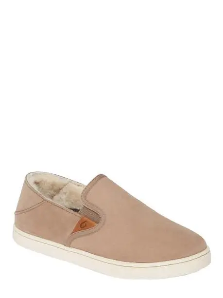 Olukai Pehuea Heu Genuine Shearling Slip-on Sneakers - Taupe Grey Leather