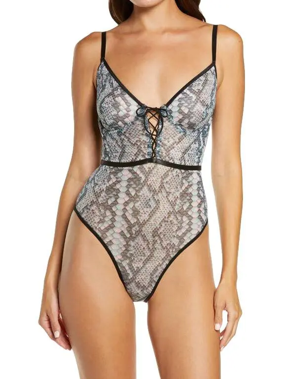 HAUTY Snake Charmer Print Mesh Underwire Teddy - Gray