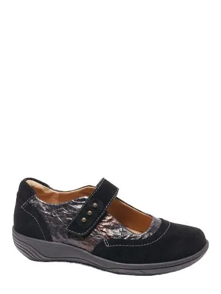 HALSA FOOTWEAR Embossed Mary Jane - Black Suede With Foliage