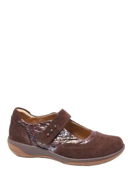 HALSA FOOTWEAR Embossed Mary Jane - Dark Brown Suede With Foliage