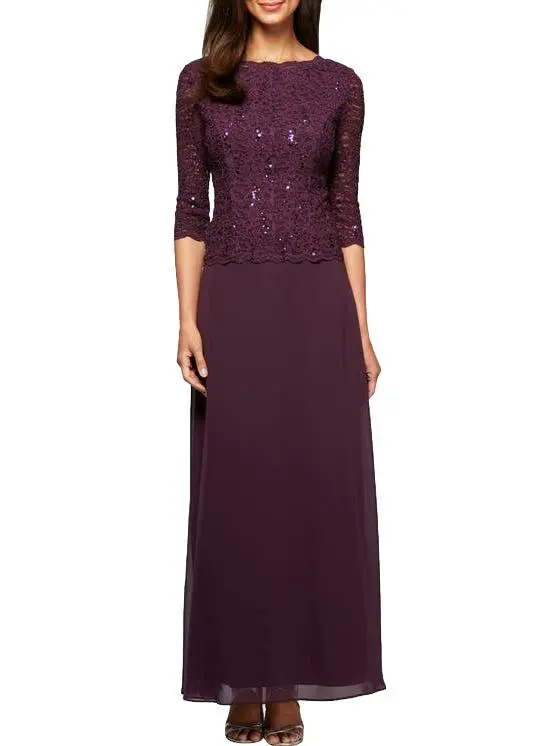 Alex Evenings Sequin Lace & Chiffon Gown - Deep Plum