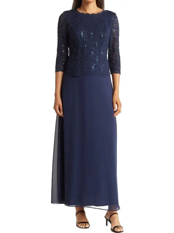Alex Evenings Sequin Lace & Chiffon Gown - Navy