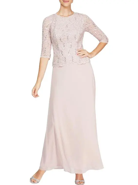 Alex Evenings Sequin Lace & Chiffon Gown - Shell Pink
