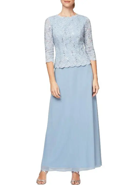 Alex Evenings Sequin Lace & Chiffon Gown - Skyblue