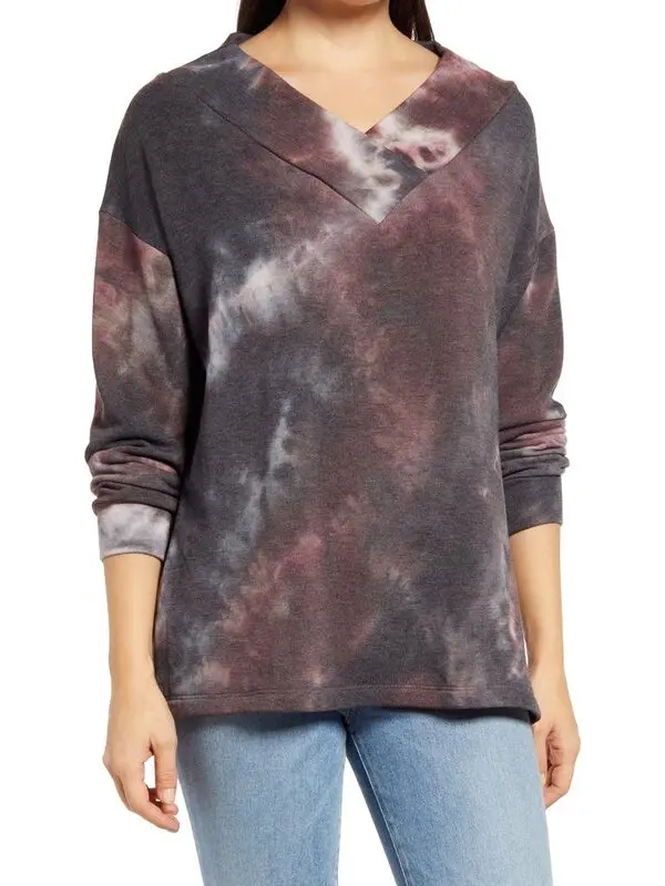 Loveappella Wide Neck Tie Dye Tunic Pullover - Charcoalma