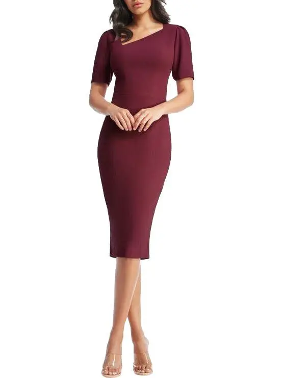 Dress The Population Ruth Asymmetric Neck Midi Dress - Burgundy