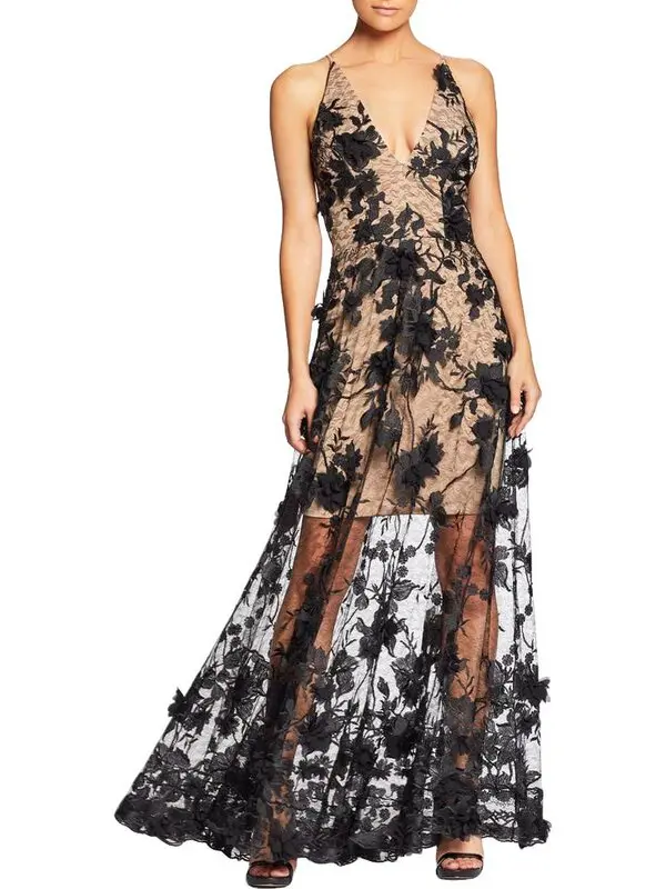 Dress The Population Sidney 3d Lace Gown - Black/nude