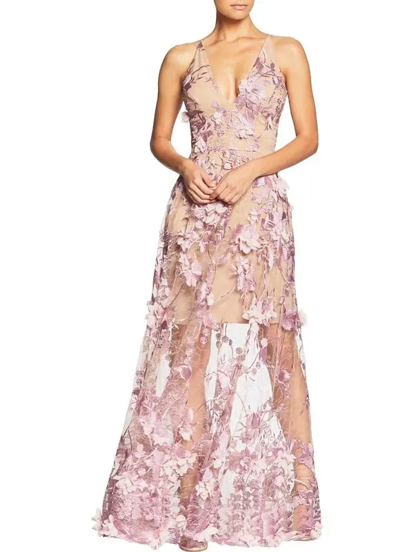 Dress The Population Sidney 3d Lace Gown - Lilac/ Nude