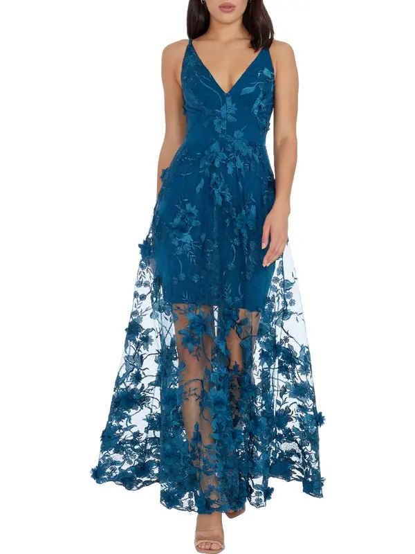 Dress The Population Sidney 3d Lace Gown - Peacock Blue