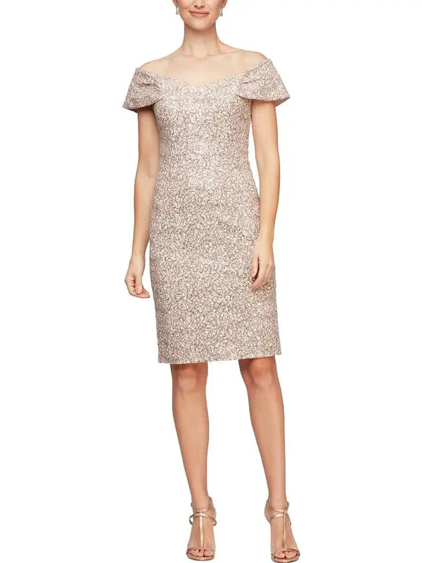 Alex Evenings Off-the-shoulder Corded Embroidered Sheath Dress - Champagne/ivory