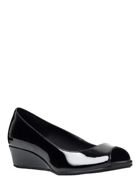 Bandolino Peep Toe Wedge Pump - Black Faux Patent Leather