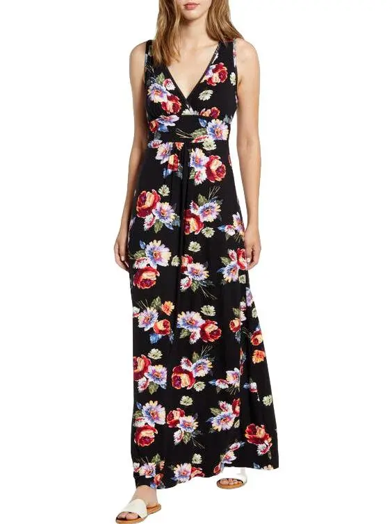 Loveappella Floral Print Maxi Dress - Black/coral