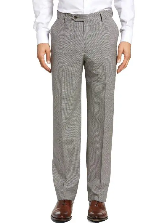 Berle Flat Front Houndstooth Wool Trousers - Charcoal