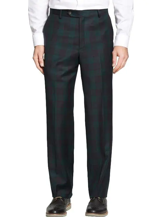 Berle Touch Finish Flat Front Plaid Wool Trousers - Green