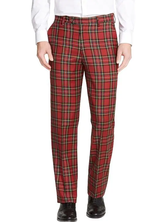 Berle Touch Finish Flat Front Plaid Wool Trousers - Red