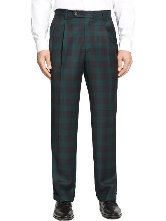 Berle Touch Finish Pleated Classic Fit Plaid Wool Trousers - Green