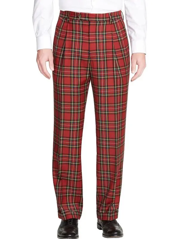 Berle Touch Finish Pleated Classic Fit Plaid Wool Trousers - Red
