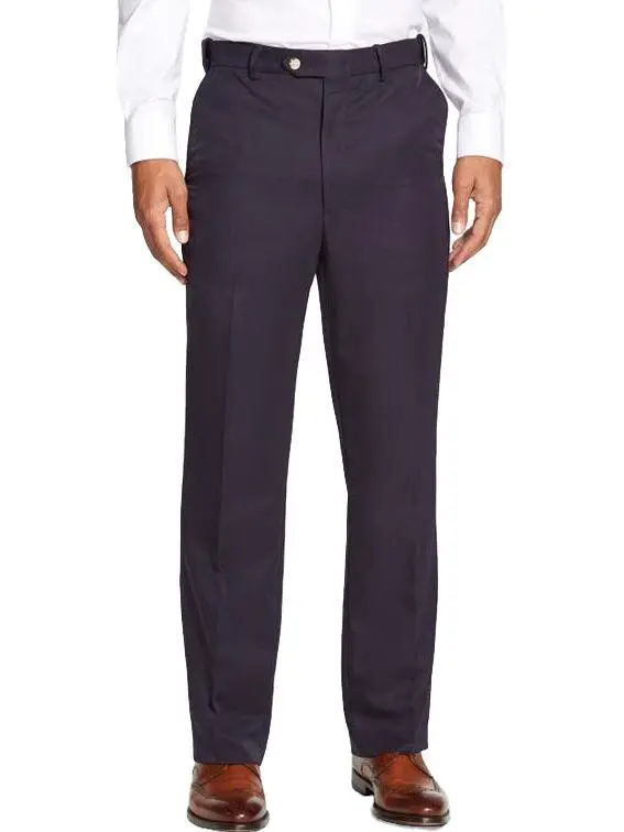 Berle Self Sizer Waist Flat Front Classic Fit Microfiber Trousers - Navy