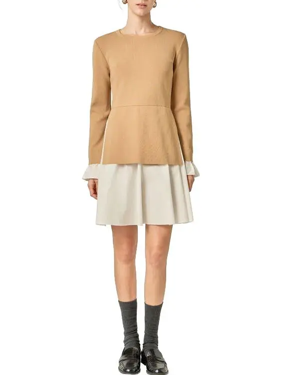 English Factory Combo Knit And Poplin Dress - Tan/white