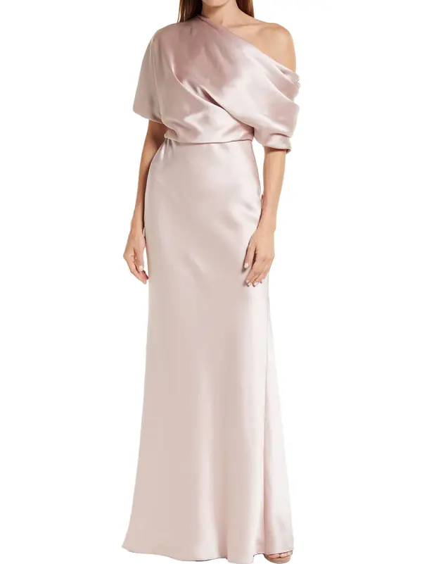 Amsale One-shoulder Fluid Satin Gown - Rose Quartz