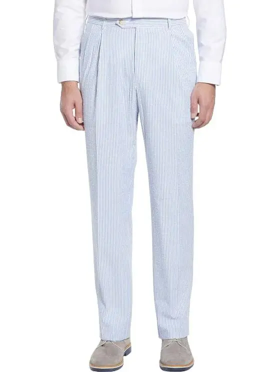 Berle Pleated Seersucker Cotton Dress Pants - Light Blue