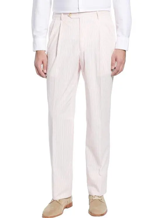 Berle Pleated Seersucker Cotton Dress Pants - Pink