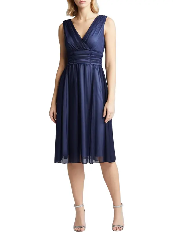 CONNECTED APPAREL Chiffon Overlay Dress - Navy/slate