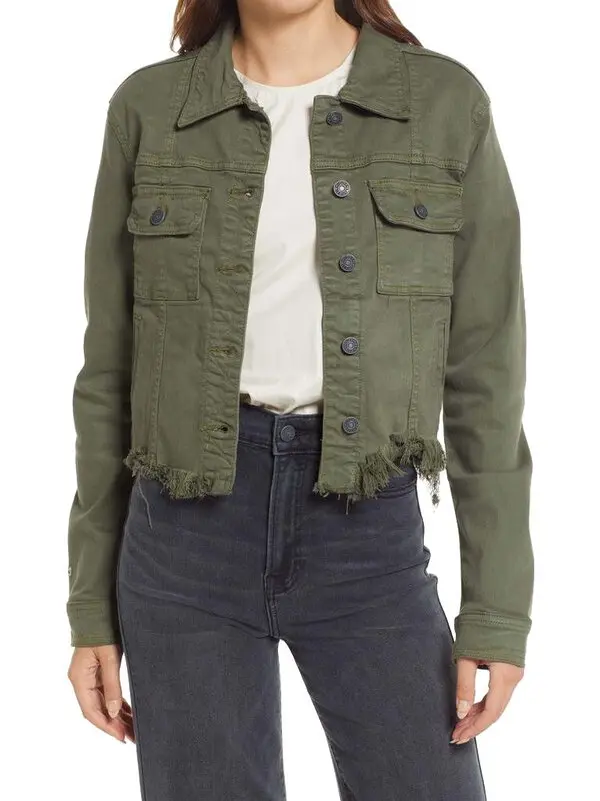 HIDDEN JEANS Frayed Hem Denim Trucker Jacket - Olive