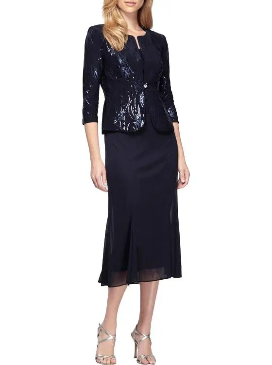 Alex Evenings Sequin Midi Dress With Jacket - Navy