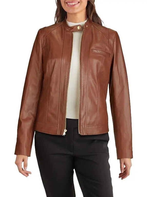 Cole Haan Lambskin Leather Moto Jacket - Hickory