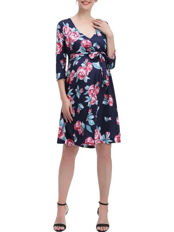 KIMI + KAI Diana Floral Faux Wrap Maternity Dress - Blue