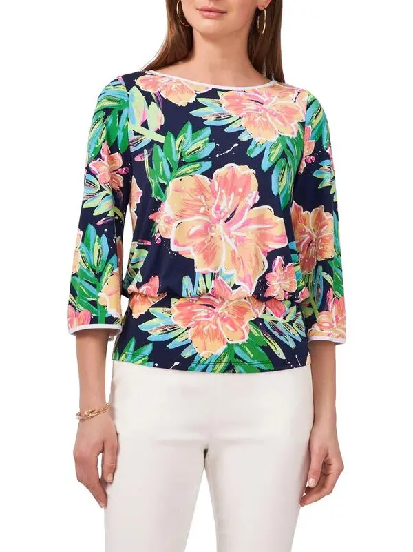 Chaus Print Banded Waist Top - Black/teal