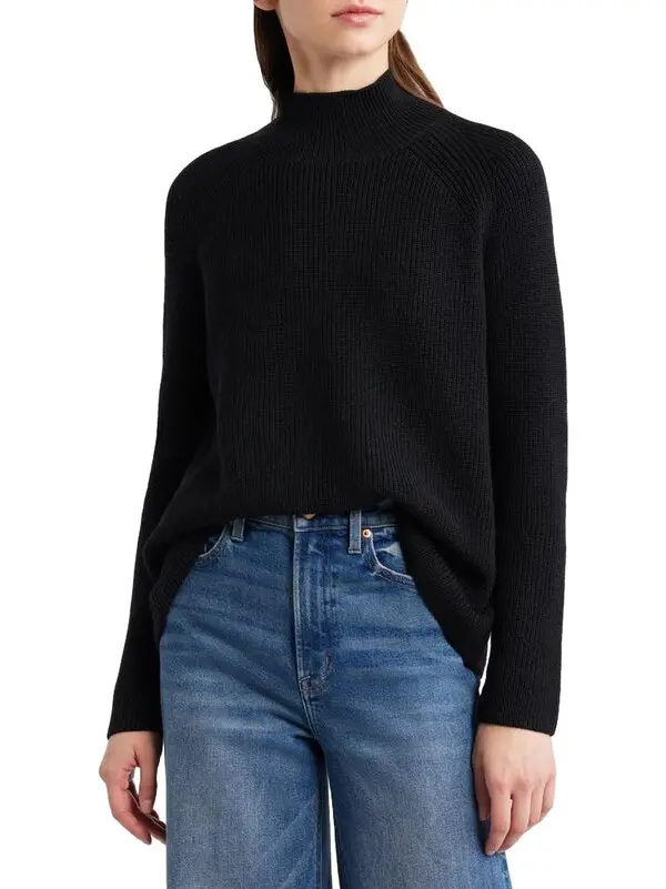 Eileen Fisher Raglan Sleeve Merino Wool Turtleneck Sweater - Black