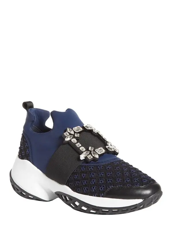 ROGER VIVIER Viv Crystal Buckle Slip-on Sneakers - Navy/black