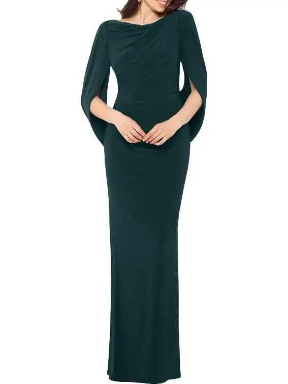 Betsy & Adam Cape Long Sleeve Trumpet Gown - Forest