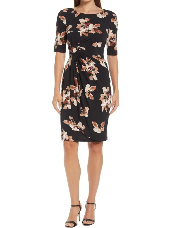 CONNECTED APPAREL Floral Ruched Dress - Cinnamon