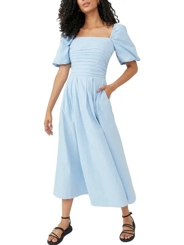 Free People Puff Sleeve Ruched Cotton Maxi Dress - Hot Spring