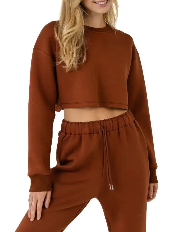 GREY LAB Lounge Wear Cropped Crewneck Sweatshirt - Brown