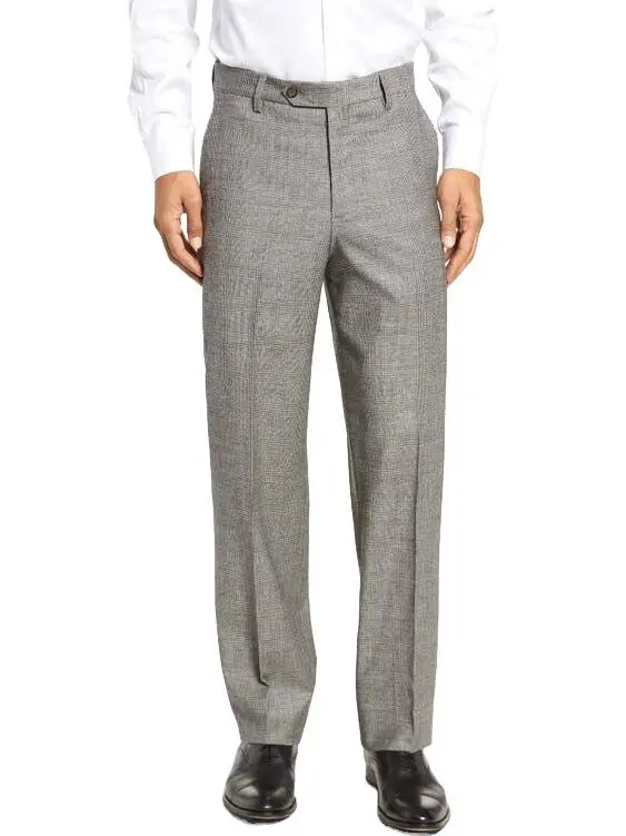 Berle Touch Finish Flat Front Plaid Classic Fit Stretch Wool Trousers - Black/white